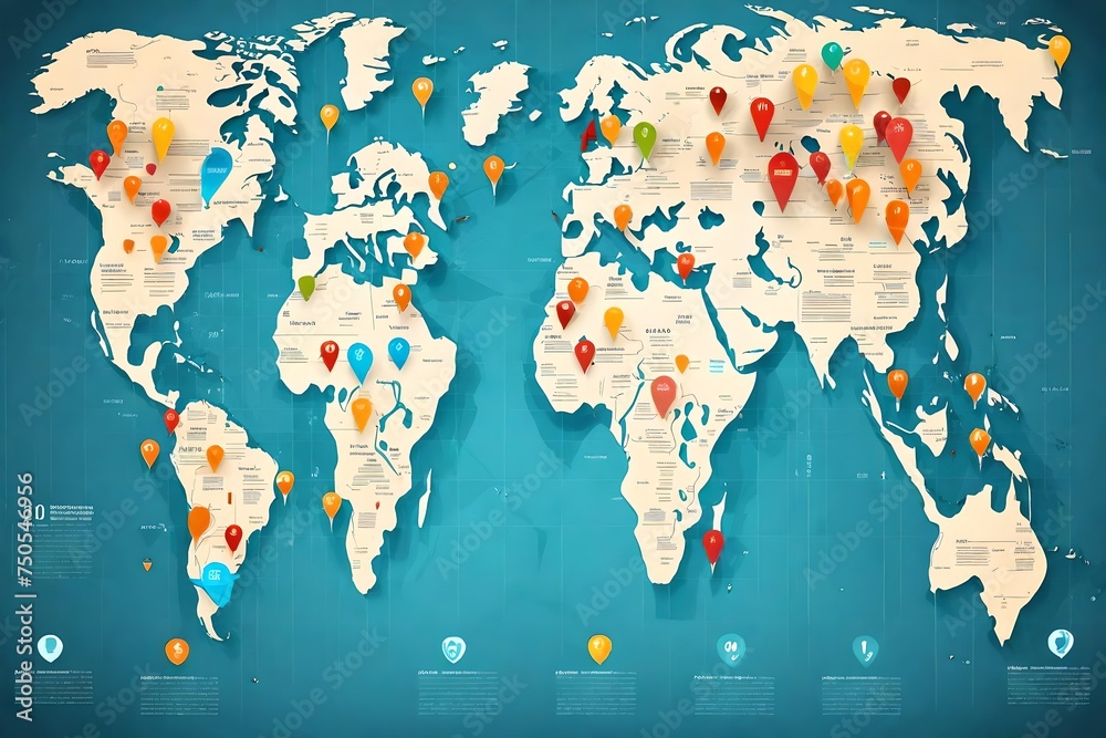 Illustration Stock infographic vector world map with multiple locations ...