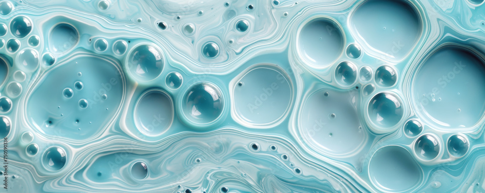 Liquid mixture painted in blue color with bubbles closeup. Hue of ...