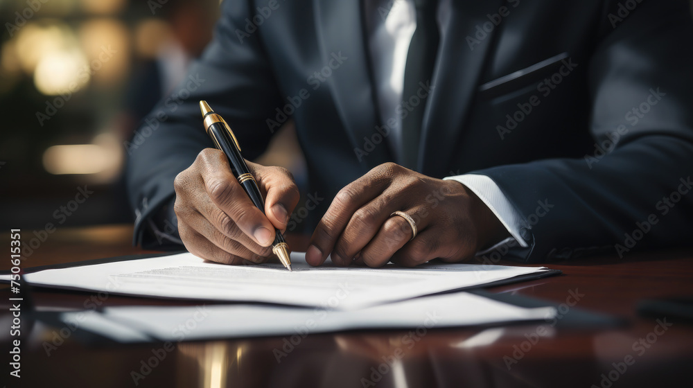signing an agreement, a man in a business suit writes with a pen on ...