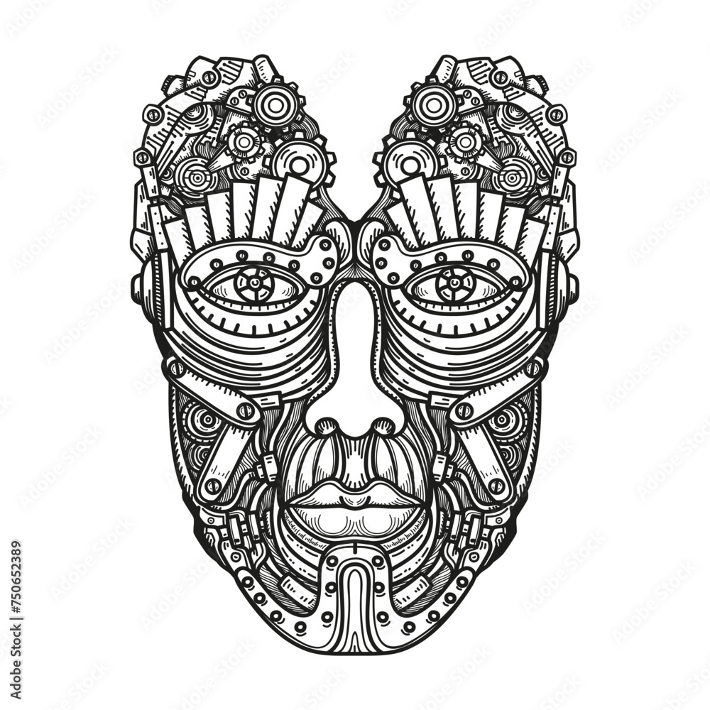 Hand drawing abstract black ink of human face robot with mechanism.Line ...