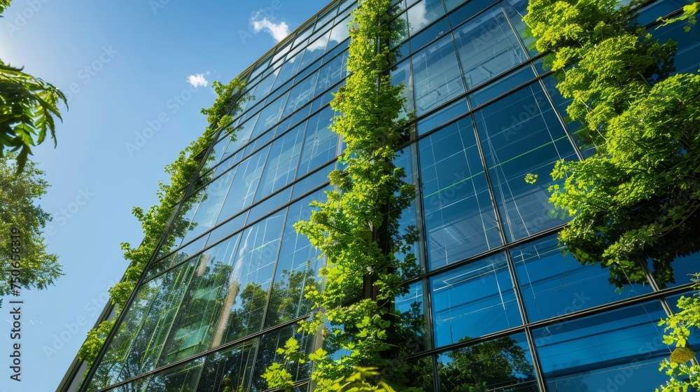 Reflecting greenery, a corporate glass building symbolizes ESG ...