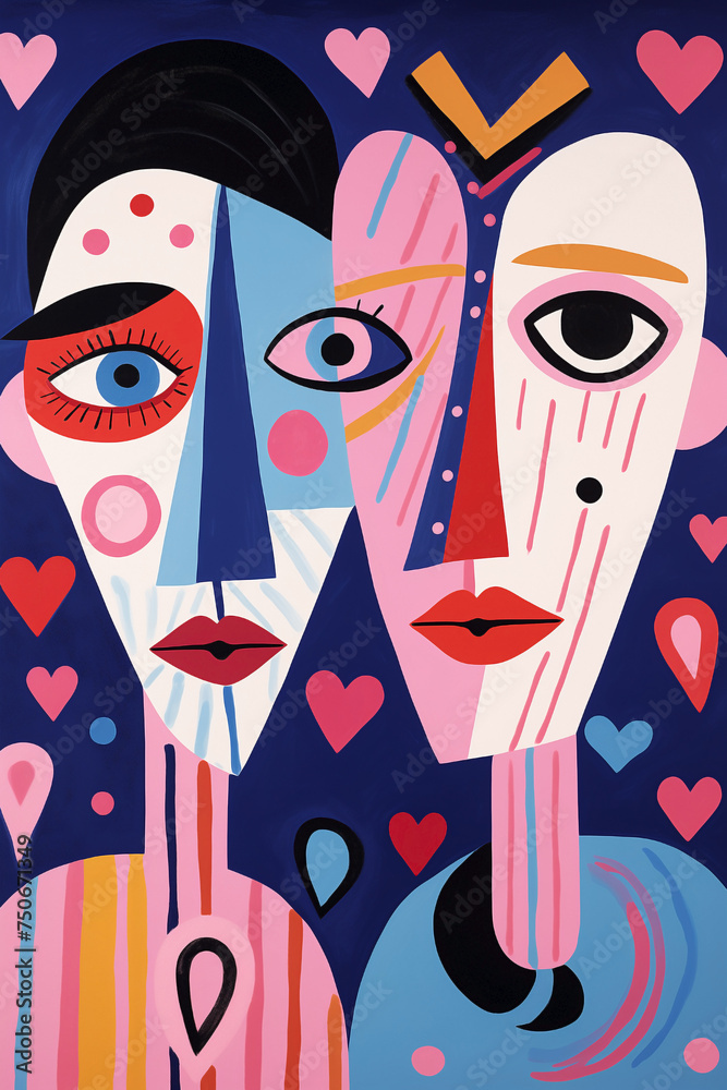 Curious partners with hearts in expressionist, abstract and ...