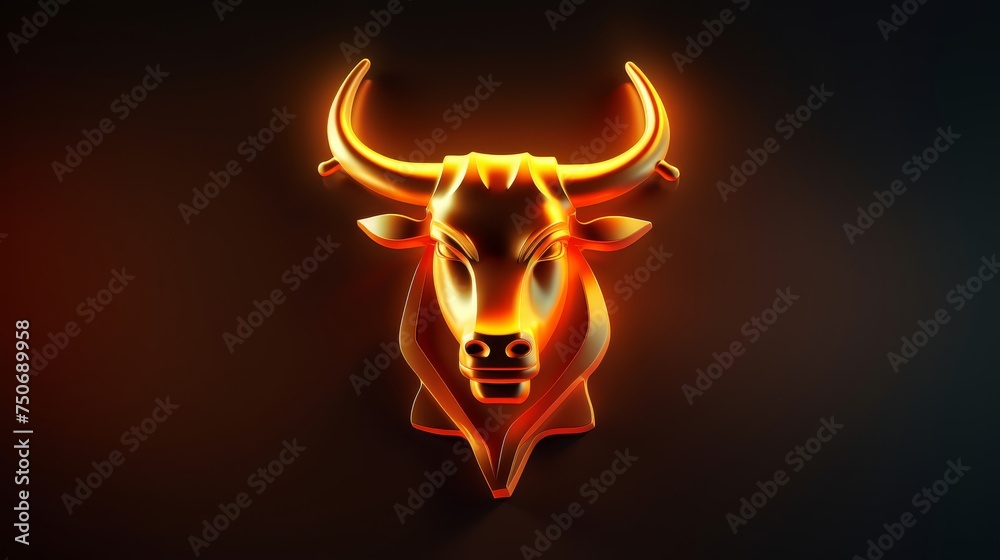 Neon red bull head animal art concept on dark background with copy ...