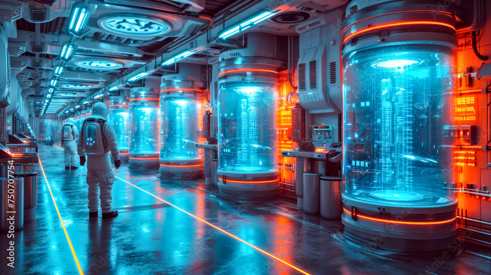 Cryogenic Chambers for freezing bodies. Scientists in protective suits ...