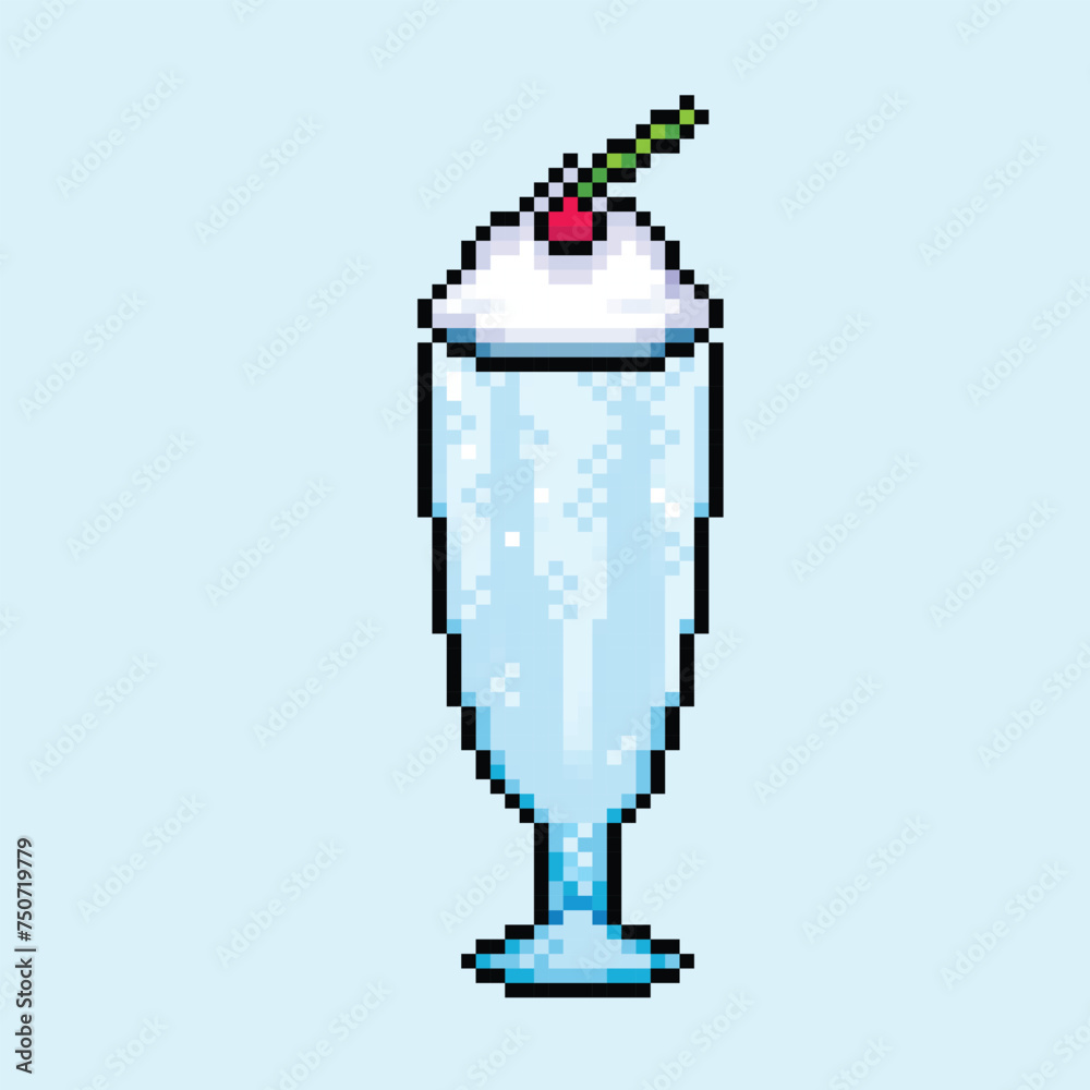 Vanilla creamy milk shake in blue tall glass and cherry fruit topping ...