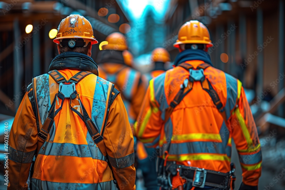 Back view of a group of construction workers wearing orange safety ...