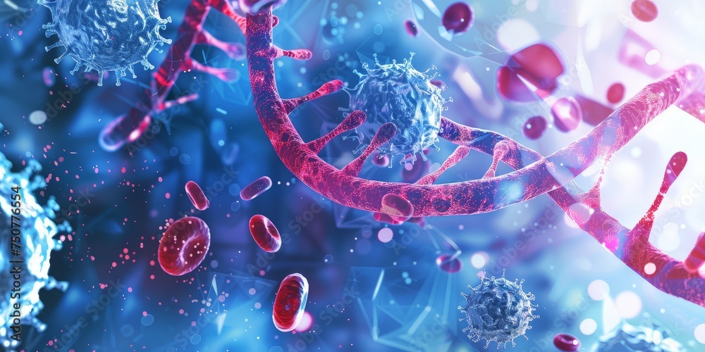 medical pharmaceutical research background with blood cells and virus ...
