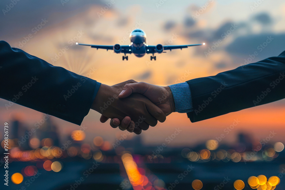 Silhouetted handshake with dramatic sky and descending airplane conveys ...