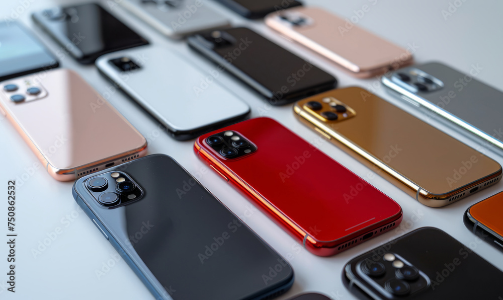 Smartphones lined up in a varitation of different colors mockup ad ...