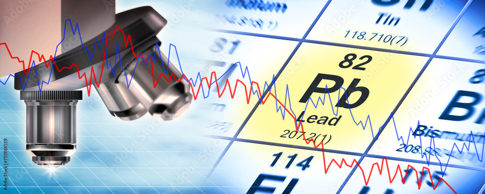 Lead chemical element with the Mendeleev periodic table - concept with ...