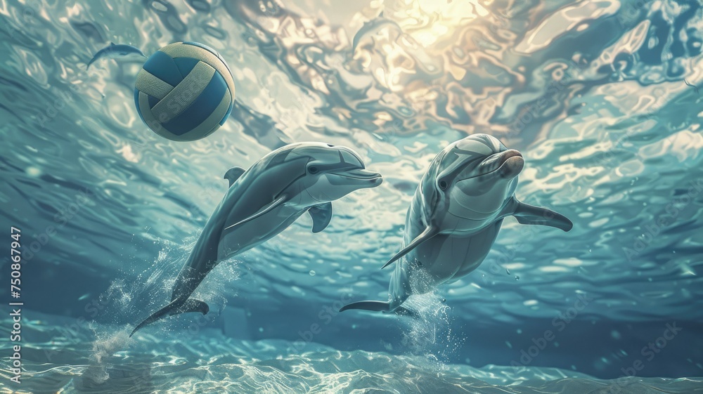 Stock-Illustration „Dolphins playing with a volleyball underwater - Two ...