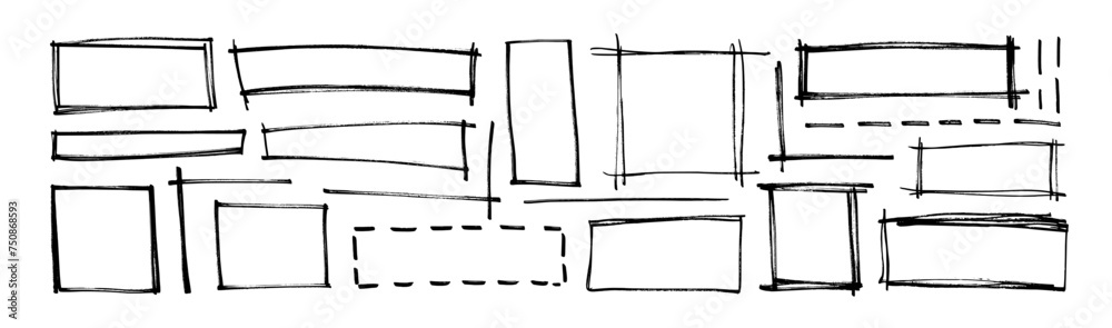 Hand drawn outlined rectangle frames set. Scribble pencil square text boxes. Doodle highlighting ...