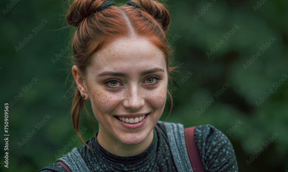 Beautiful lady teen with freckles and hair buns. She has a big smile ...