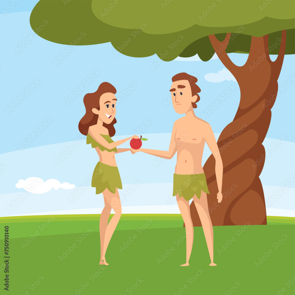 Adam and eve. Cartoon background with authentic christian holy bible characters Stock Vector ...