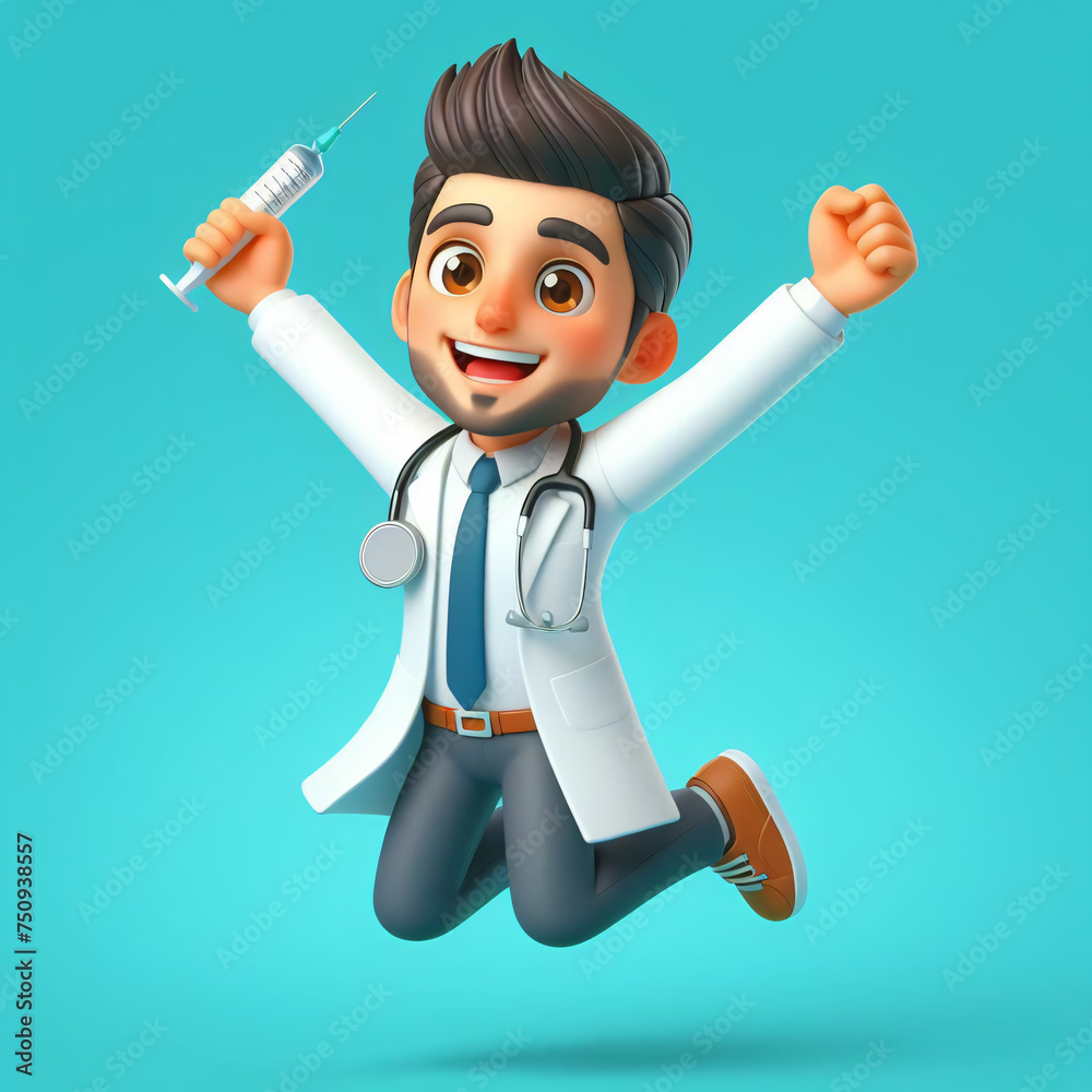 Joyful 3D physician leaps happily, cartoon animation, bright colors ...