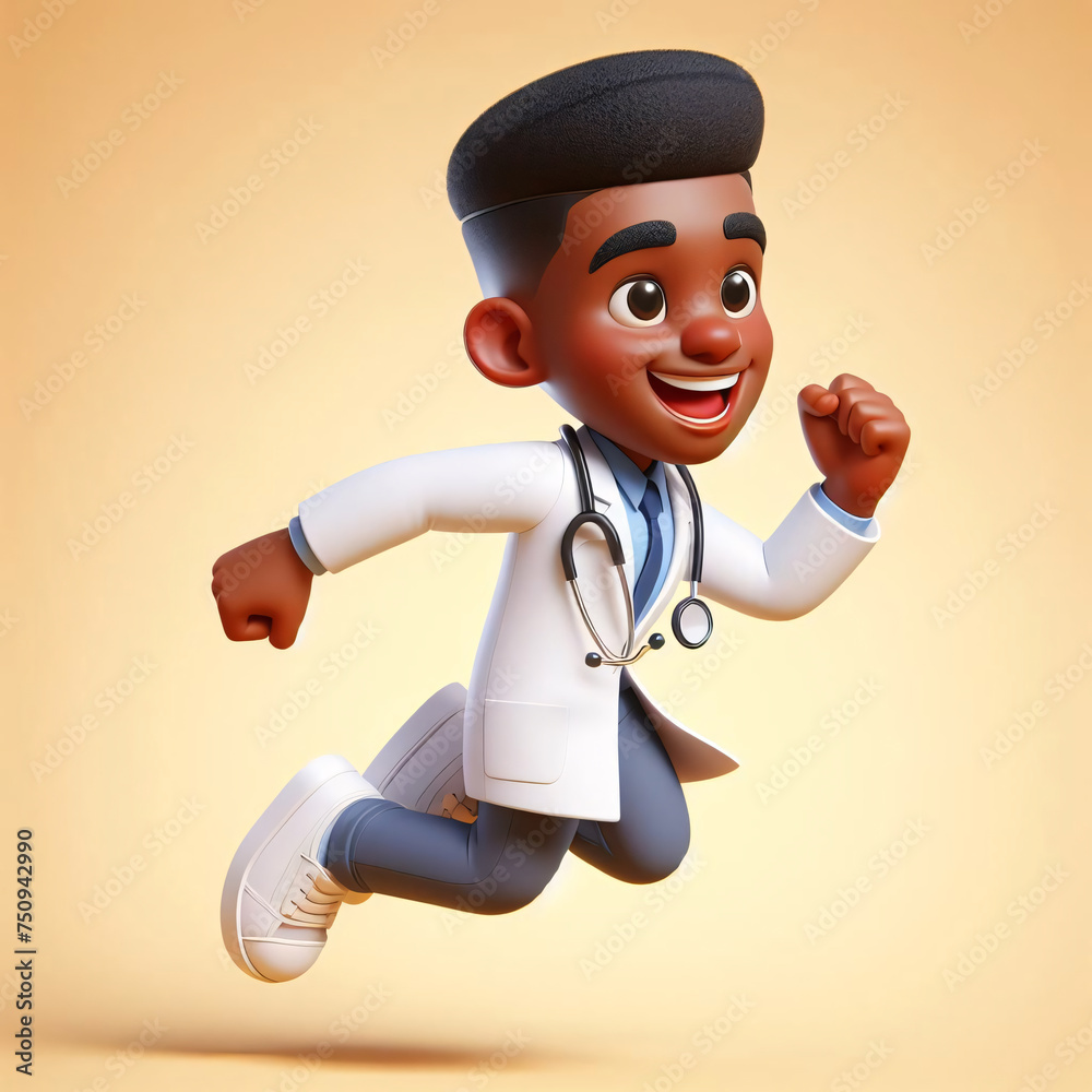 Happy 3D animated doctor jumps joyfully, cartoon style, lively colors ...