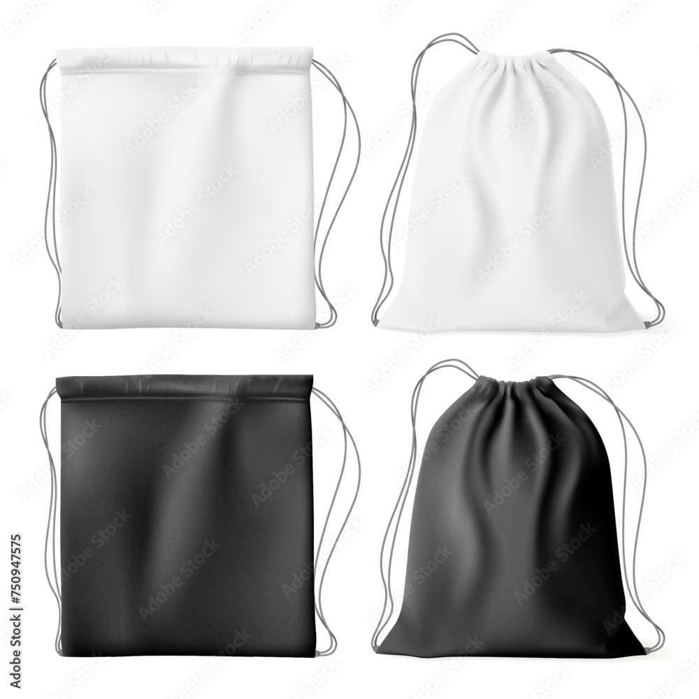 Drawstring bags. Realistic sport sack with rope or nylon cord, canvas backpack mockup for gym ...
