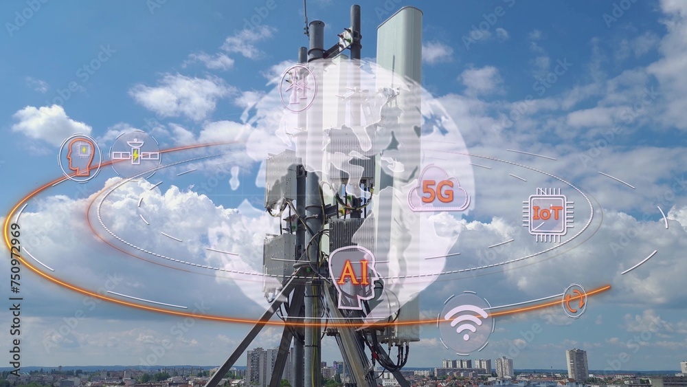 5G rooftop antenna with smart cityscape skyline global communication ...