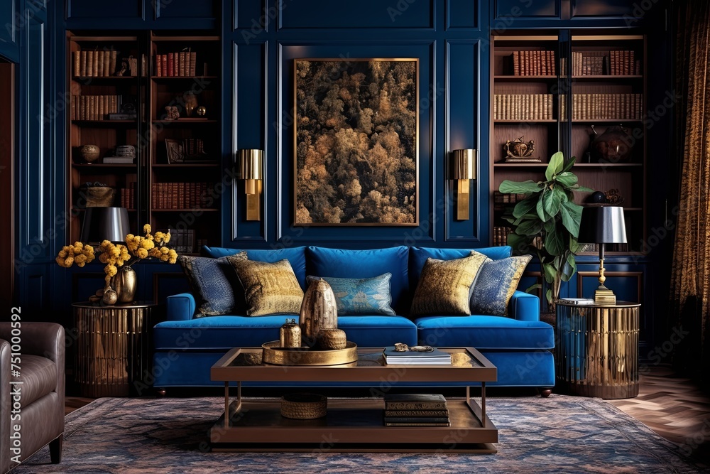 Deep Blue Velvet Sofa: Chic Lounge with Mediterranean Color Palette and ...