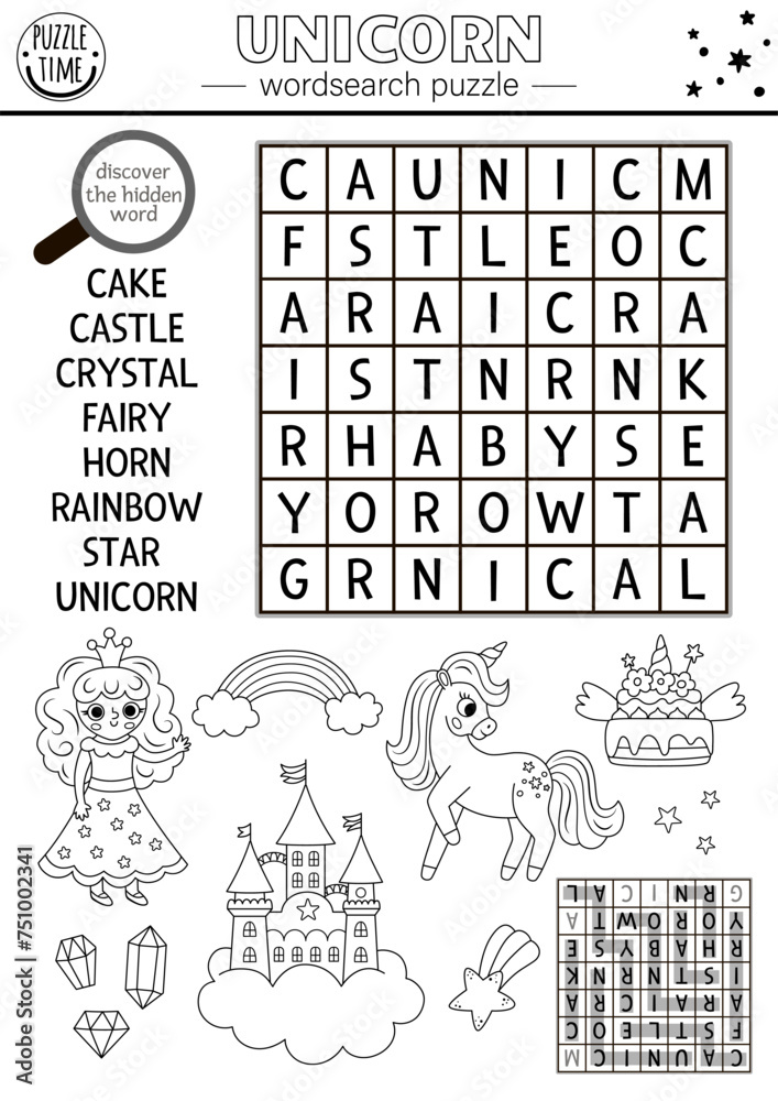 Vector black and white unicorn wordsearch puzzle for kids. Magic word ...