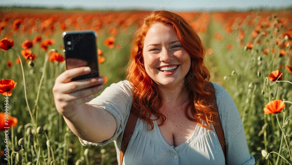 Beautiful overweight girl with red hair and freckles, smiling happily ...