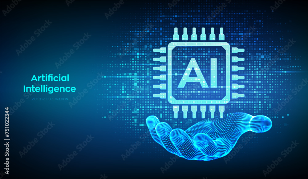 AI. Artificial intelligence. AI icon made with binary code in wireframe hand. Binary data and ...
