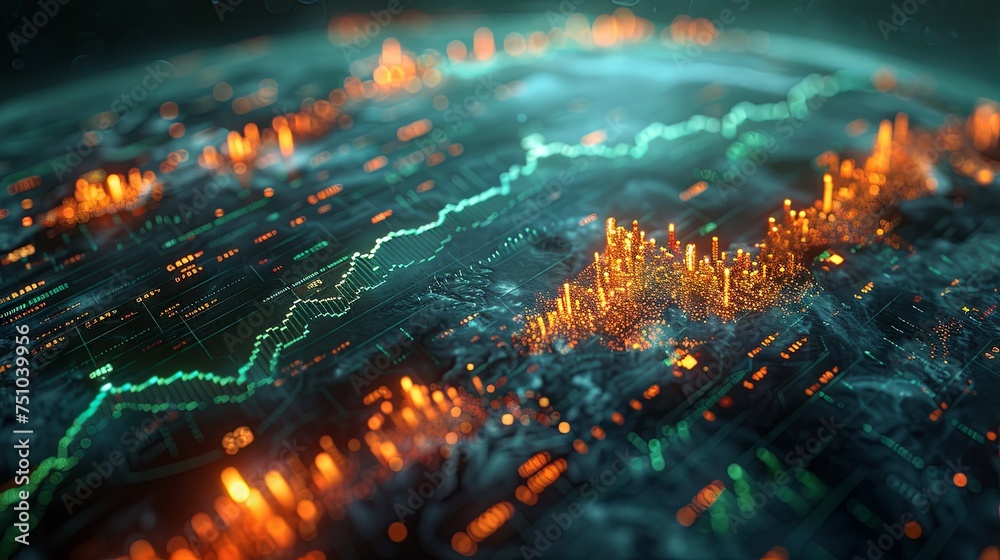 a blue and green screen showing graphs and lines, in the style of ...