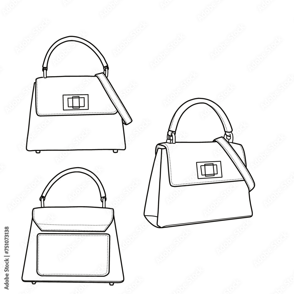 Women's sling bag. Top handle bag flat sketch fashion illustration ...