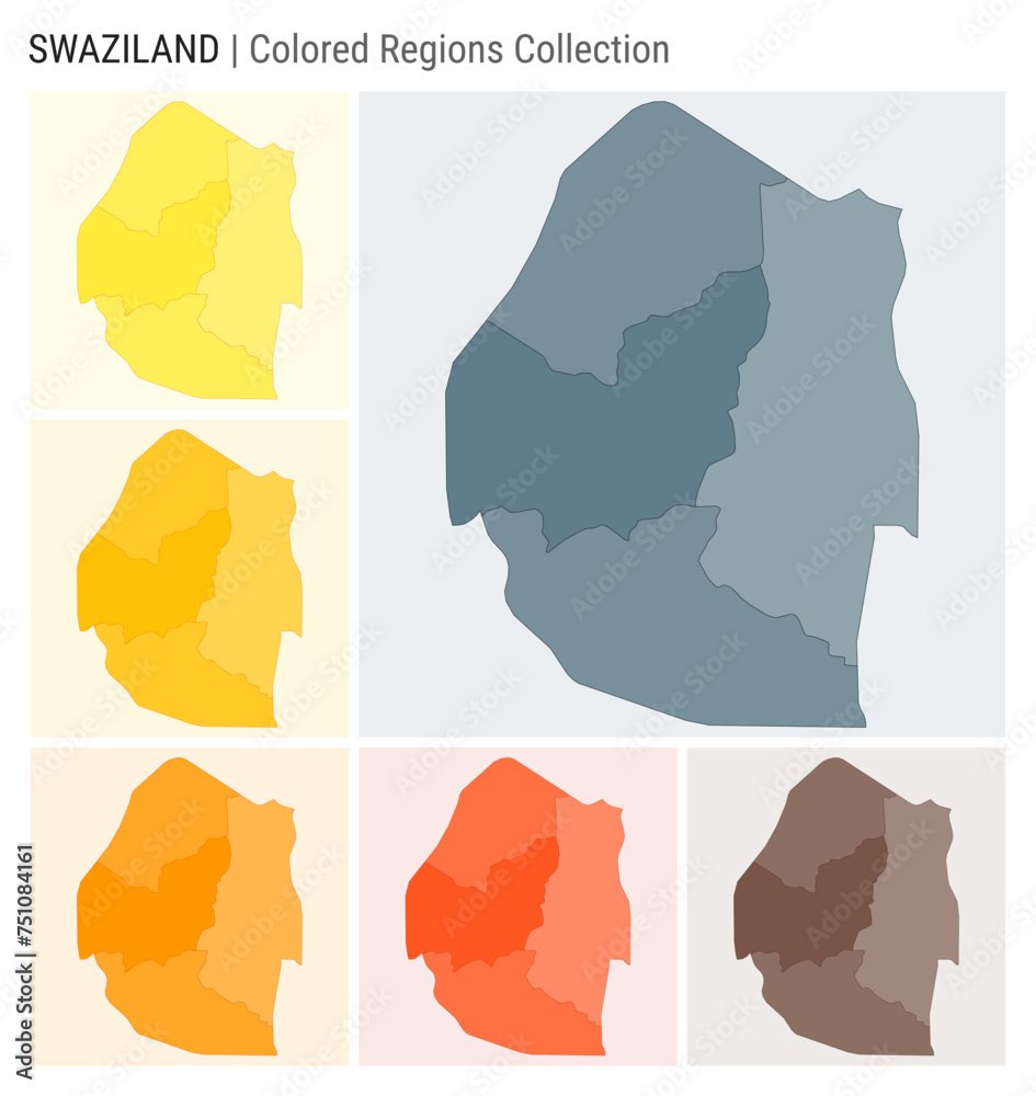 Swaziland map collection. Country shape with colored regions. Blue Grey ...