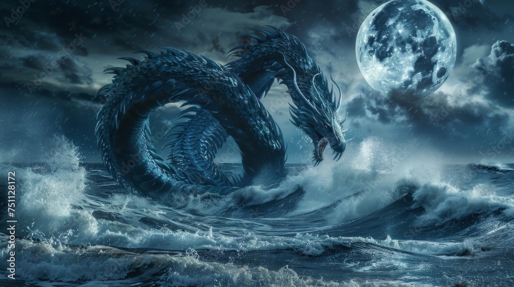As the full moon rises above the stormy sea a sinister sea serpent ...