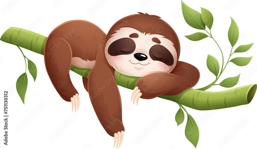 Cartoon cute lazy sloth animal character sleeping on tree branch, vector funny jungle slow bear ...