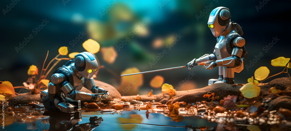 Tiny cyborg figures are at work on a robot machine transforming it into ...