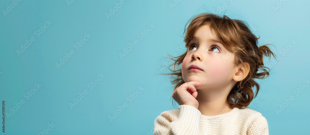 A Curious little girl thinking and having an idea on a blue background ...