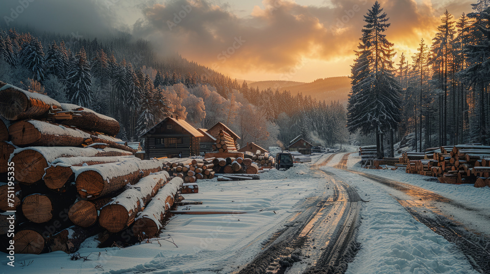 Dynamic timber market with logs for transport juxtaposed against ...