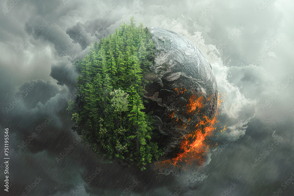 .Digital collage showing Earth, one half lush forests, the other barren ...