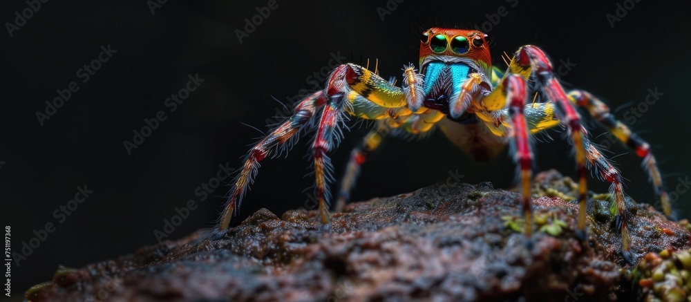 A vibrant, colorful spider is seen up close, displaying intricate ...