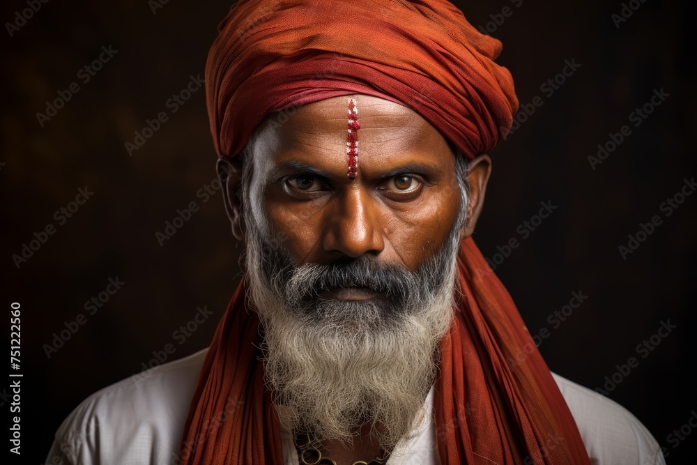 Middle-aged Brahmin man in traditional Indian attire, wearing a dhoti ...