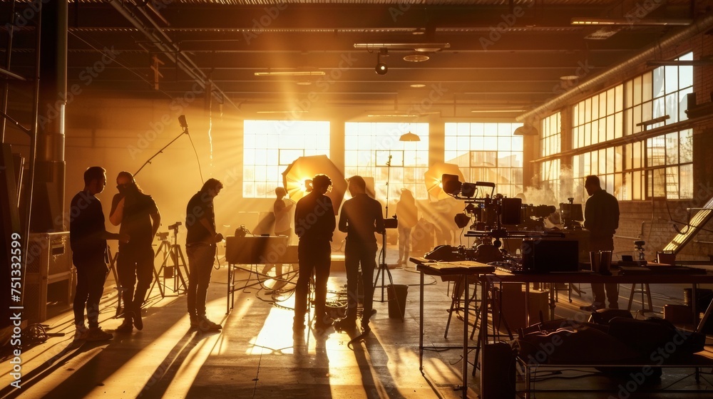 Warm light on film set. Indoor space with crew members discussing ...