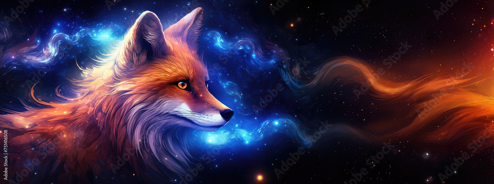 Red fox against cosmic background with space, stars, nebulae, vibrant ...