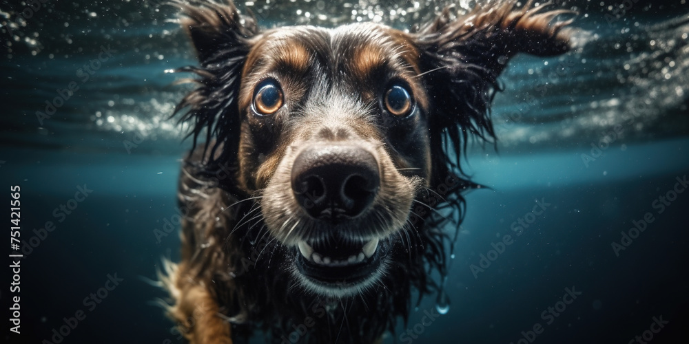 Underwater closeup reveals dog, muzzle covered in bubbles, swimming ...