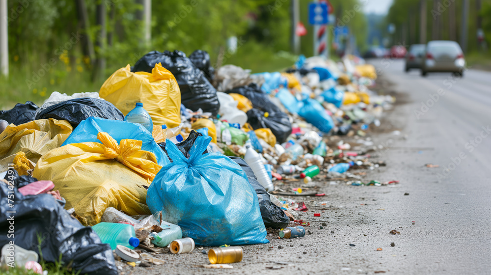 Piles of colorful garbage bags and assorted trash cover a street ...