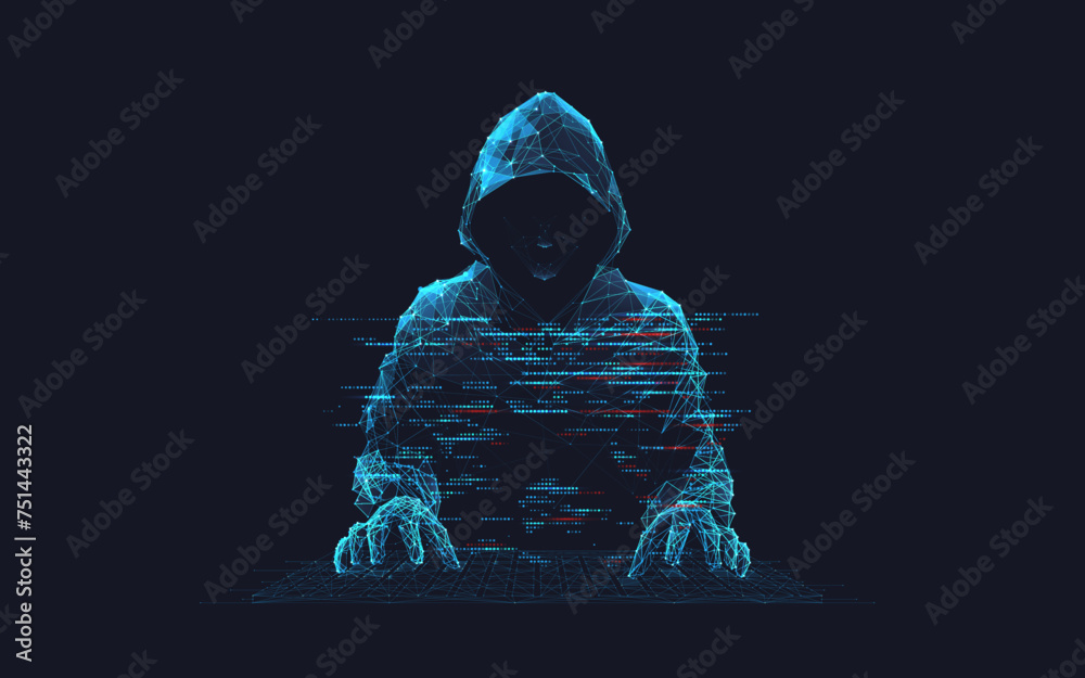 Abstract digital hacker. Cyber security concept. A man wearing a hoodie with a hidden face in ...
