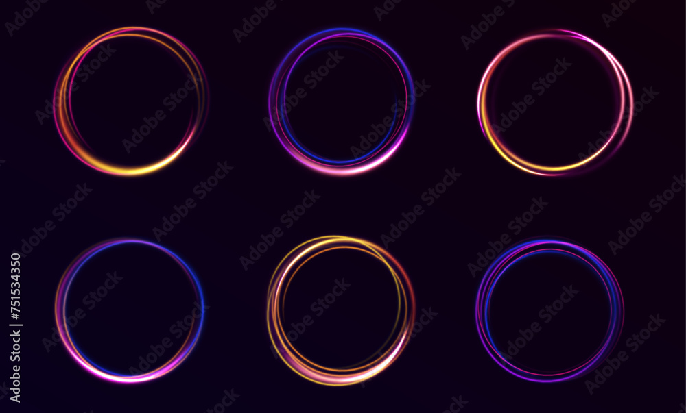 Gradient neon circle frames set. Fire light circles trails .of ...