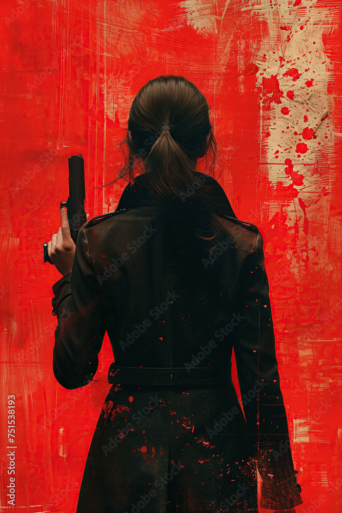 back of woman police detective with a gun in hand on a red background ...
