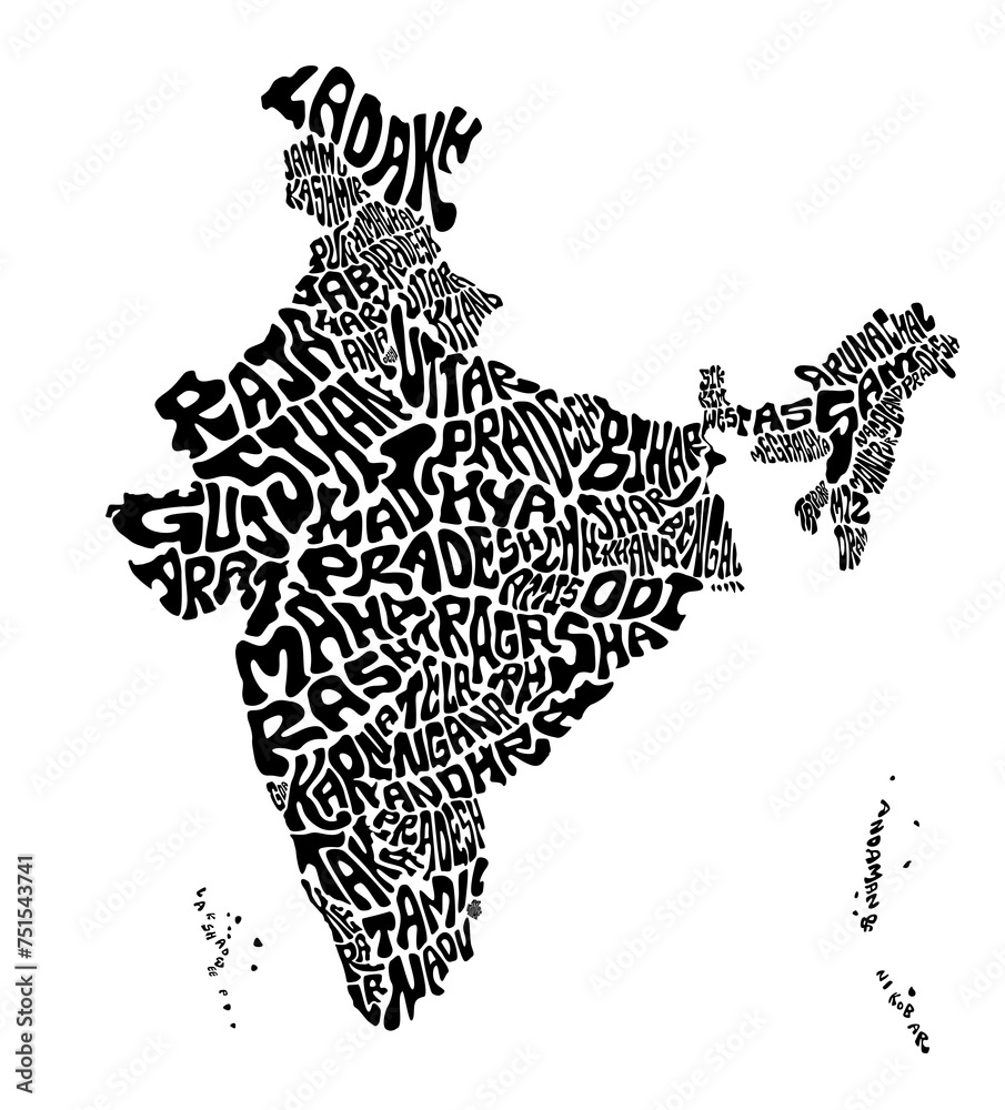 India map with all states map typography map. Stock Illustration ...