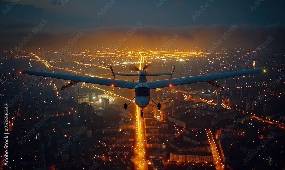 Drone's-eye view reveals critical infrastructure at night, evoking ...