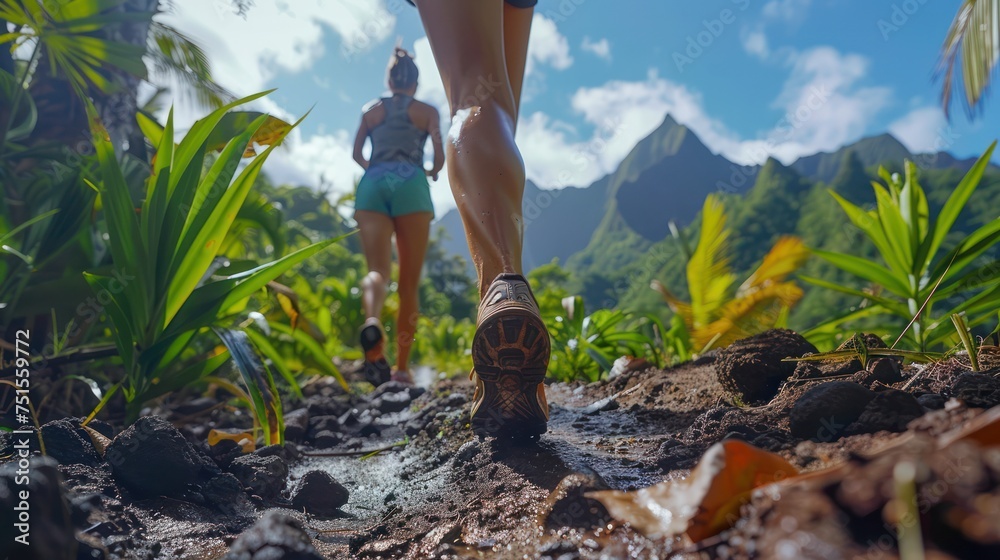 Trail runners on a rugged mountain, a close - up of a person's legs ...