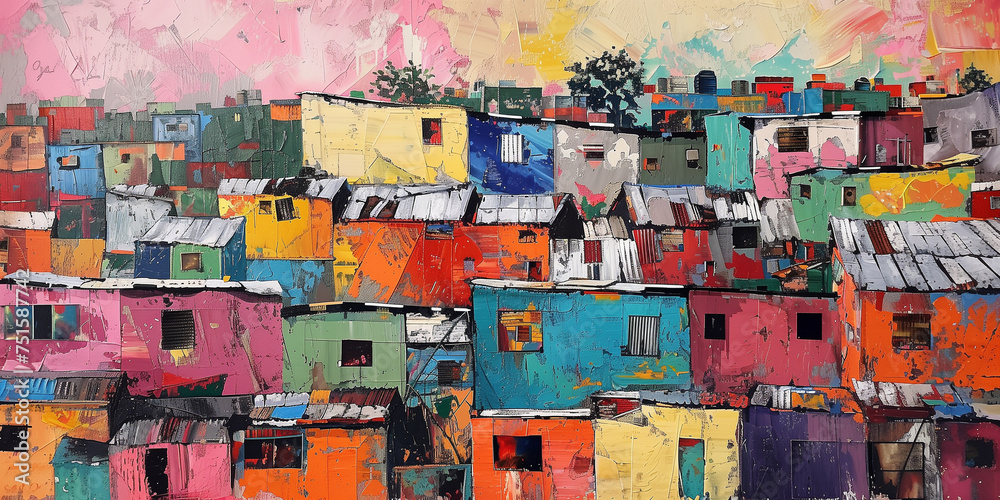 Colourful South African art with township village culture depicting ...