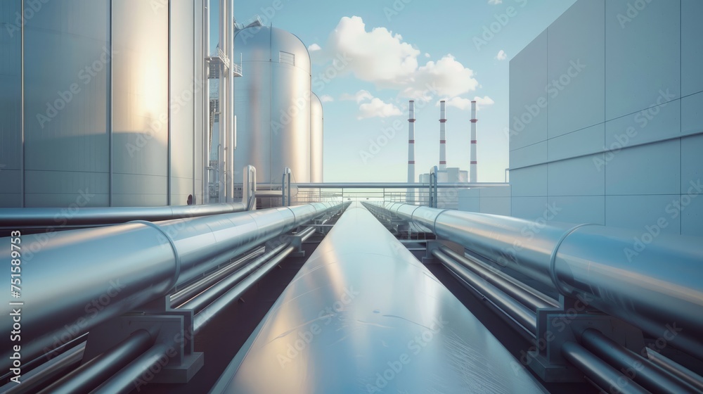 Generative AI, Hydrogen power plant, large steel tanks and pipes. Green ...