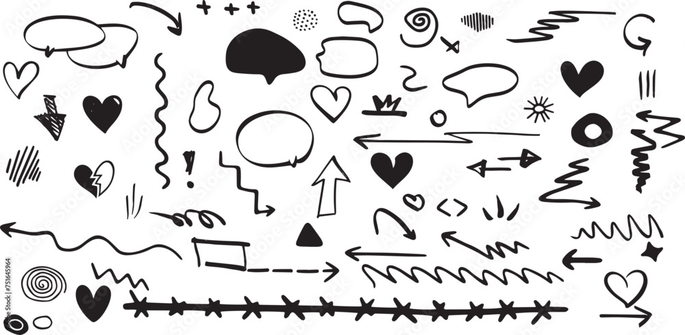 Sketch underline, emphasis, arrow shape set. Hand drawn brush stroke ...